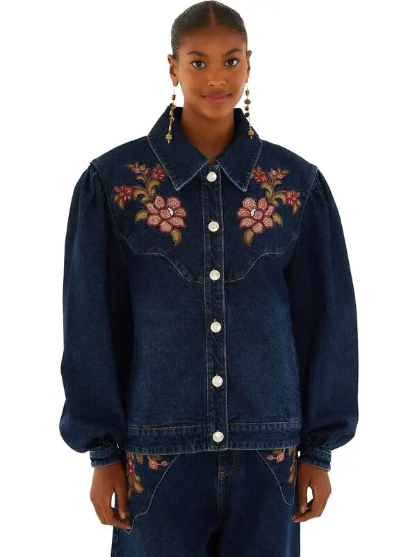 FARM RIO PROVISÓRIO Denim Floral Embroidered Jacket - Renata Floral