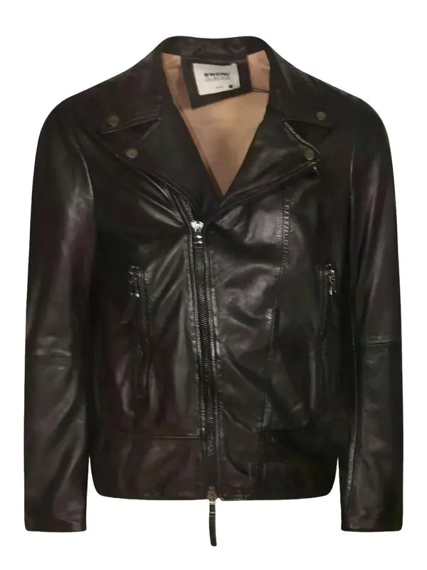 SWORD Zip-up Leather Biker Jacket - Brown