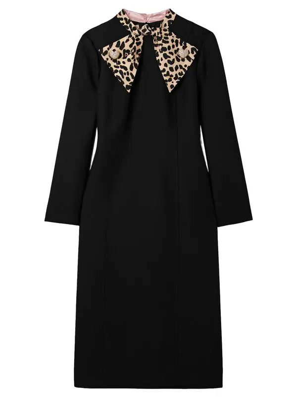 Valentino Garavani Embellished Leopard-print Wool And Silk-blend Midi Dress - Black