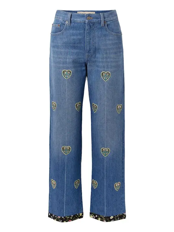 Valentino Garavani Embroidered Embellished High-rise Straight-leg Jeans - Blue