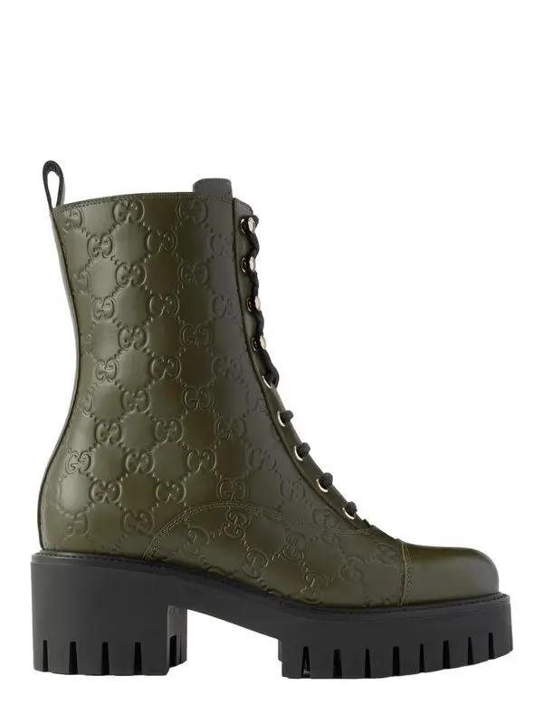 Gucci Gg Marmont Debossed Leather Platform Ankle Boots - Green