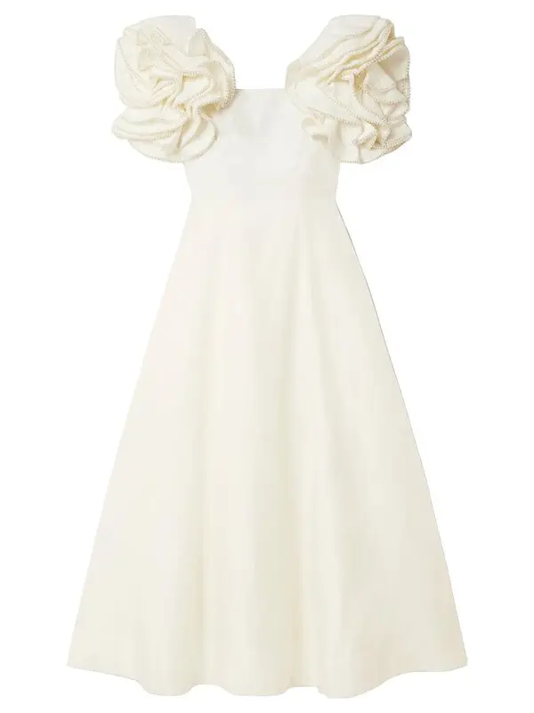 Aje Twyla Ruffled Faux Pearl-embellished Crepe Midi Dress - Ivory