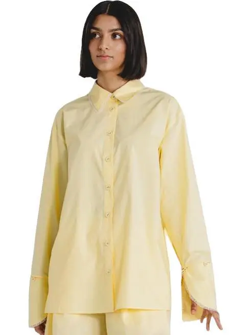 ALAS Oversized Cotton Poplin Shirt With Detachable Lace Trim - Butter Yellow