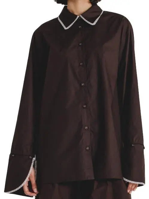 ALAS Oversized Cotton Poplin Shirt With Detachable Lace Trim - Chocolate Brown