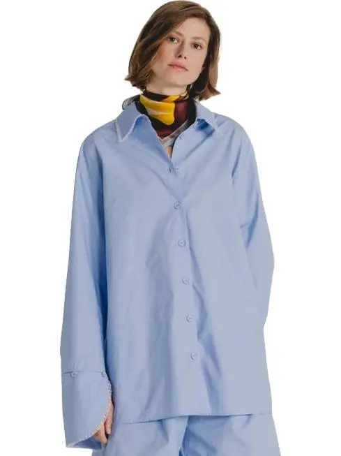 ALAS Oversized Cotton Poplin Shirt With Detachable Lace Trim - Sky Blue
