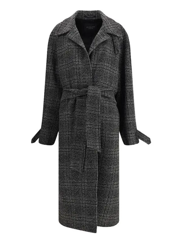 Balenciaga Oversized Checked Wool Coat - Grey+black