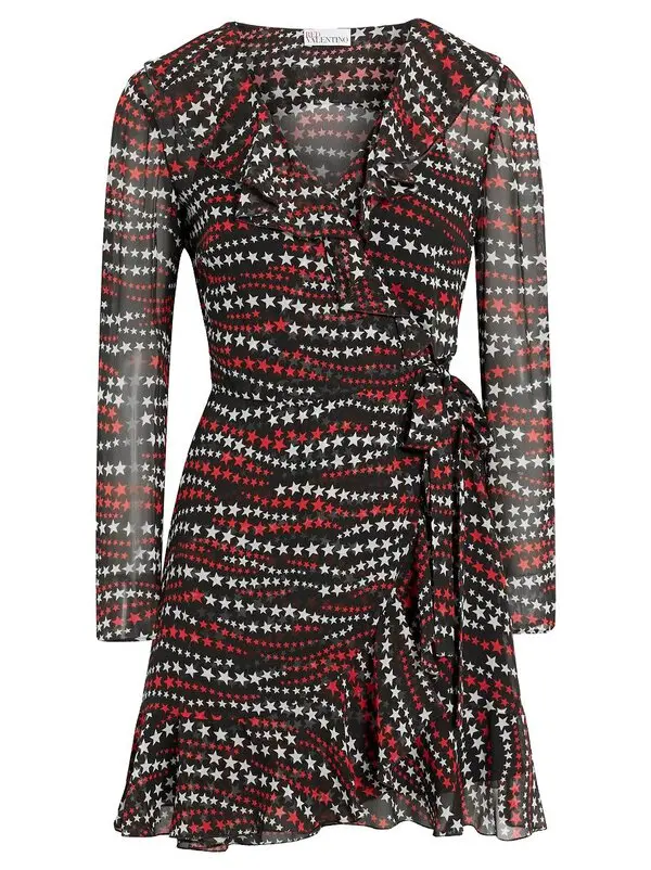 Red Valentino Printed Chiffon Mini Wrap Dress - Black