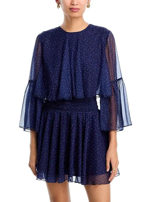 Aqua Ruffle Trim Smocked Waist Mini Dress - Navy Multi