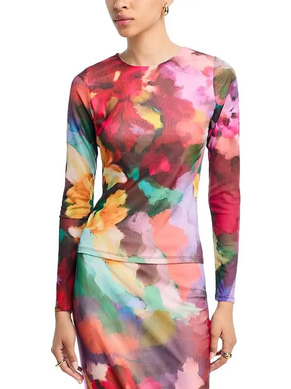 Aqua Floral Mesh Long Sleeve Top - Multi