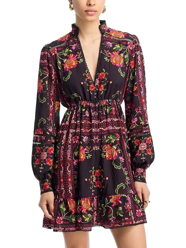 Aqua Floral Border Print Mini Dress - Black Multi