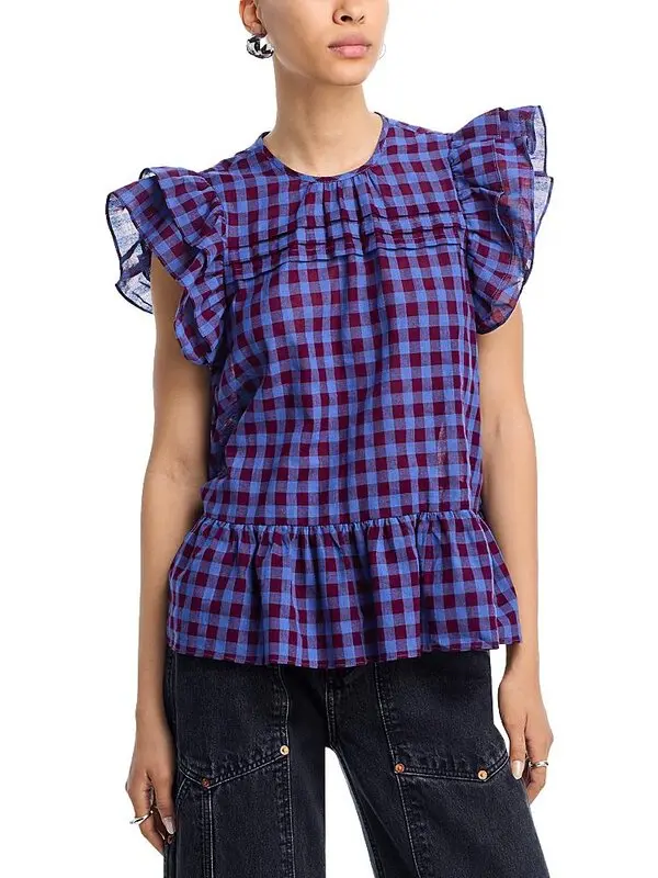 Aqua Flutter Sleeve Plaid Top - Blue/red