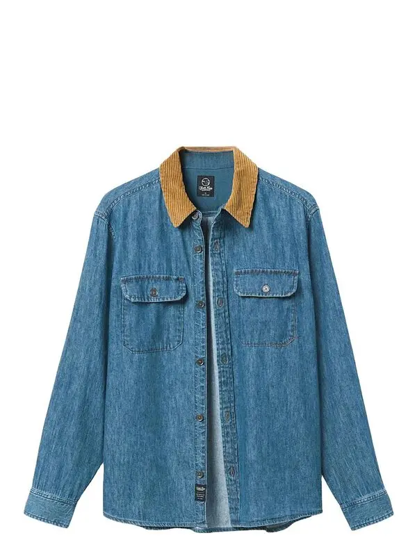 Junk Food Clothing Hemp Denim Corded Collar Work Shirt - Medium Wash Denim