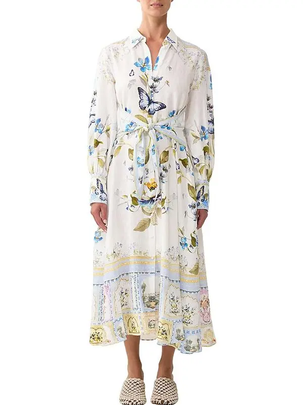 Camilla Linen Tie Waist Mixed Print Shirtdress - Botanical Ballads