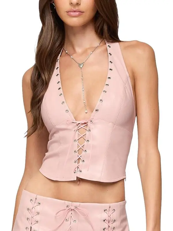 EDIKTED Elisha Lace Up Faux Leather Halter Top - Pink