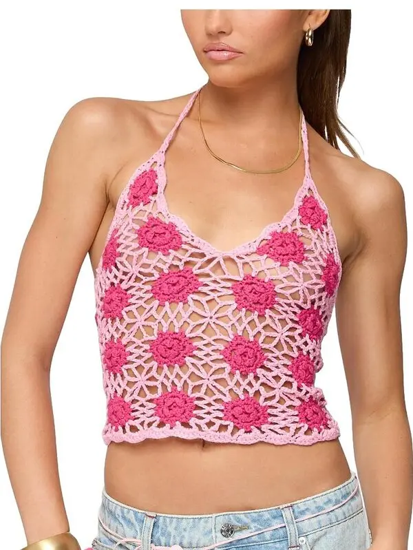 EDIKTED Floral Crochet Halter Top - Pink