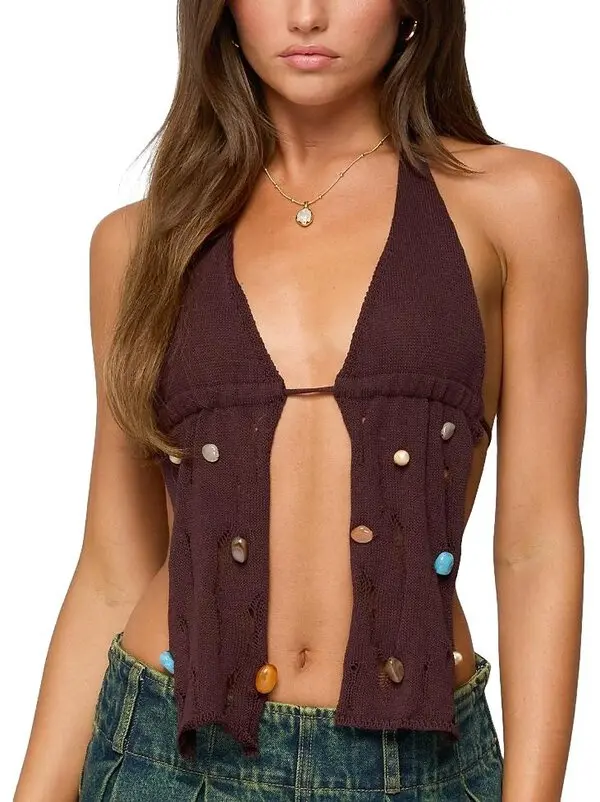 EDIKTED Beaded Distressed Knit Split Front Top - Brown