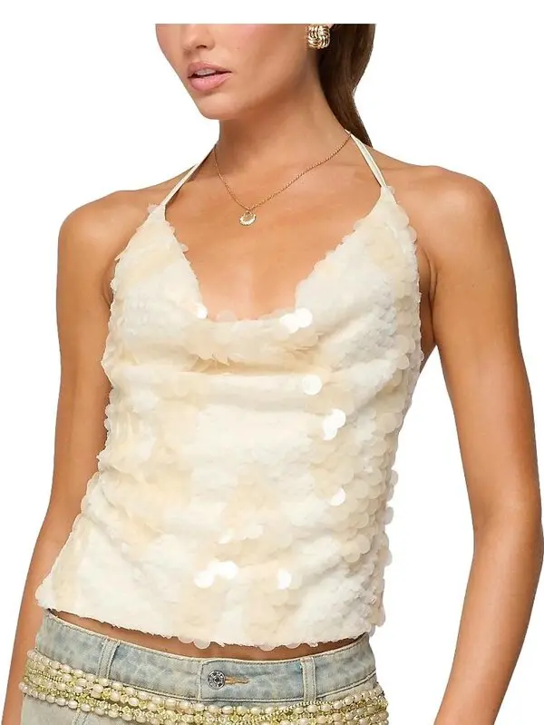 EDIKTED Sequin Cowl Neck Top - Cream