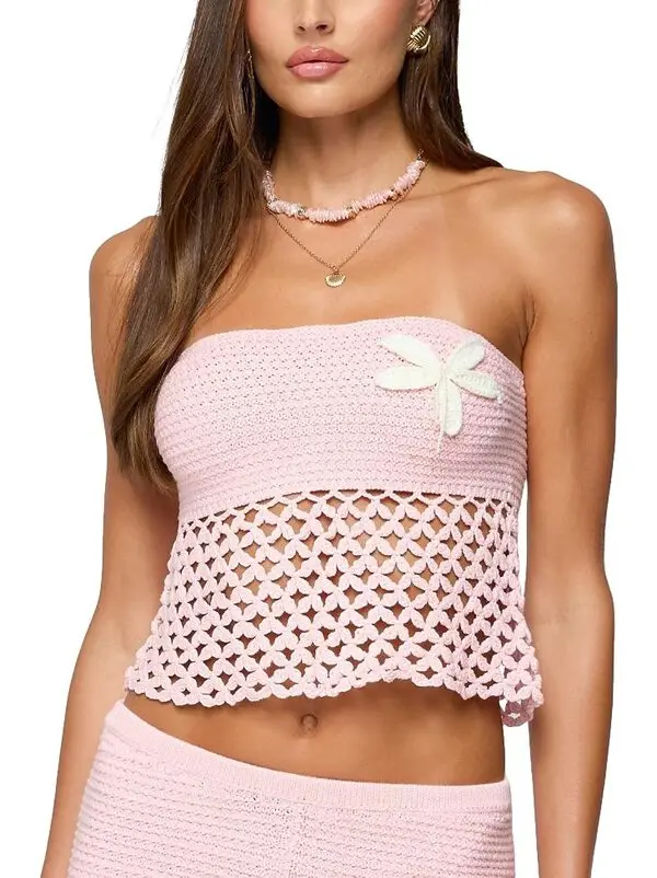 EDIKTED Tahna Flower Strapless Crochet Top - Pink
