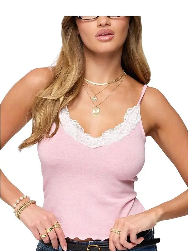 EDIKTED Gabrietta Lacey Tank Top - Pink-melange