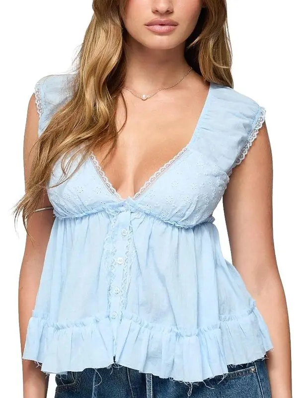 EDIKTED Gizelle Cotton V Neck Babydoll Top - Light-blue