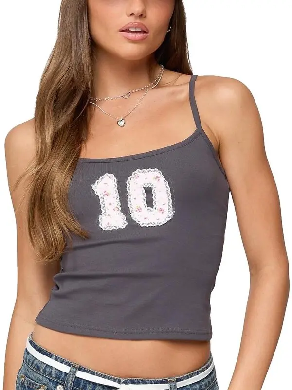 EDIKTED Floral Lacey Patch Tank Top - Dark-gray