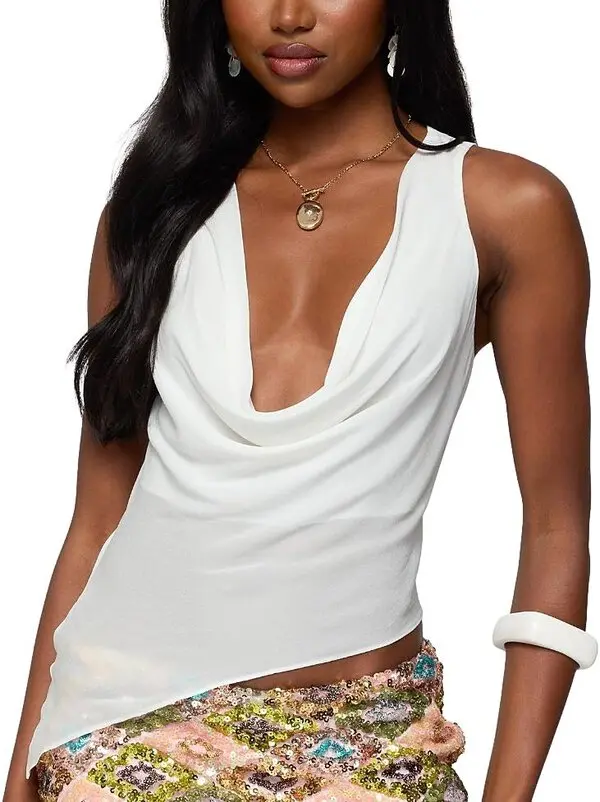 EDIKTED Asymmetric Chiffon Cowl Neck Top - Cream