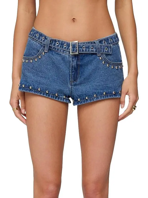 EDIKTED Grommet And Studded Denim Micro Shorts - Blue