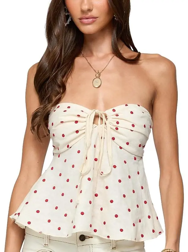 EDIKTED Izzey Polka Dot Strapless Babydoll Top - Cream