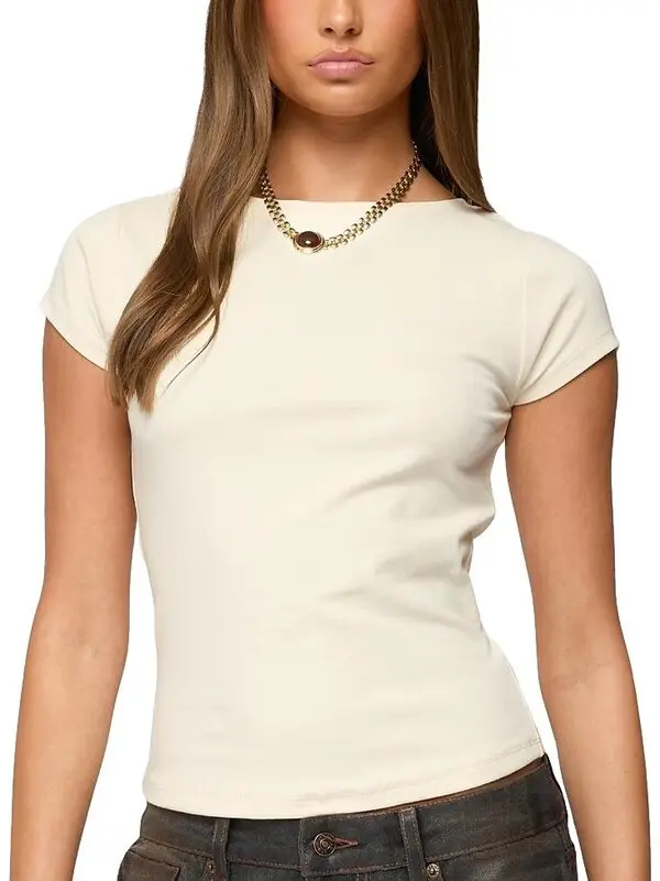 EDIKTED Oliana Ribbed Boat Neck T-shirt - Cream