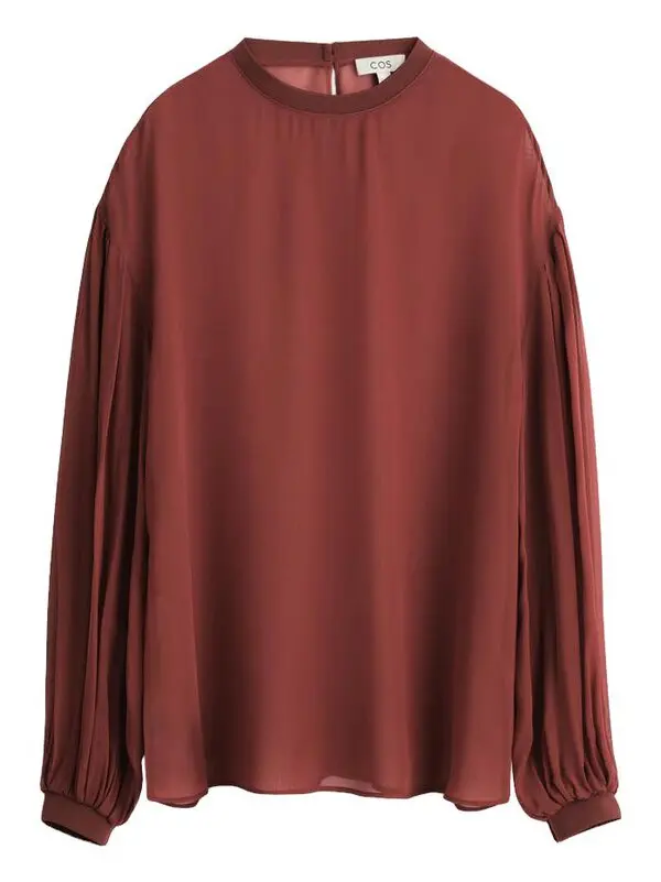 Cos Sheer Balloon-sleeve Blouse With Keyhole Back - Red