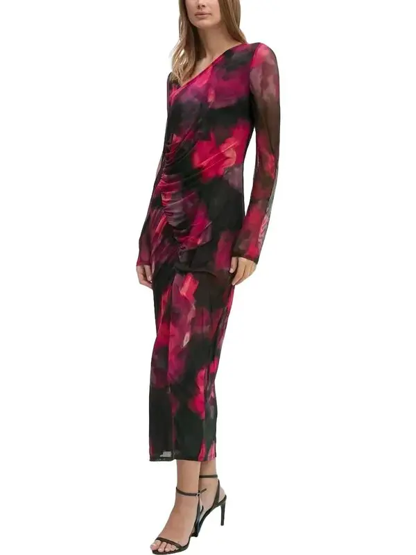 Dkny Floral-print Ruched Midi Dress - Black