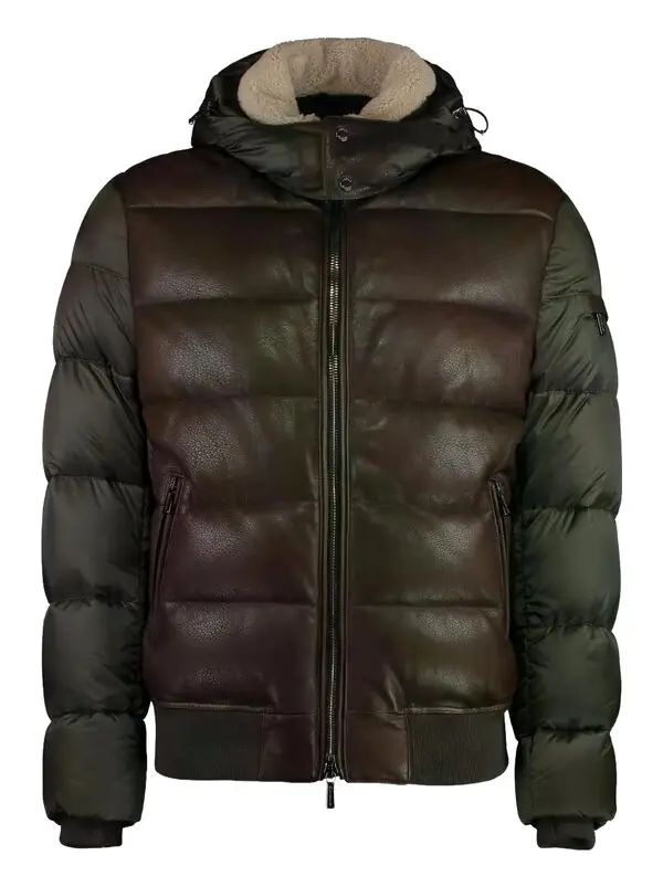 MOORER Leather-panel Hooded Puffer Jacket - Brown