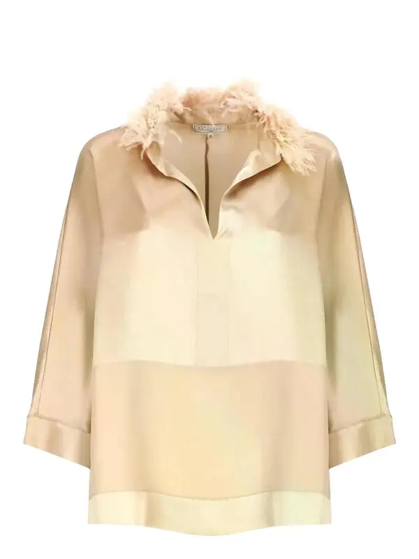 Antonelli Firenze Feather-trimmed Silk Top - Neutrals