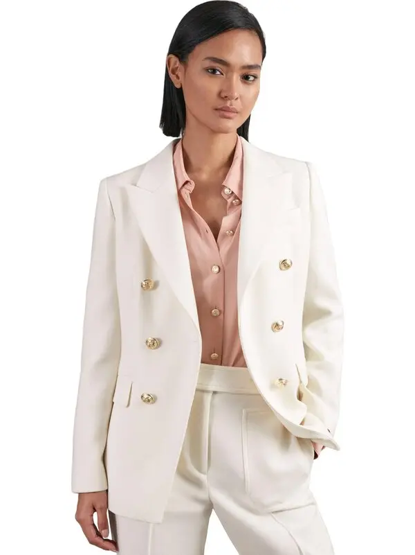 REISS Lily Double-breasted Twill Blazer - White