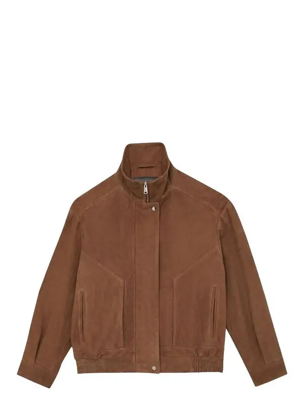 REISS Kiara Suede Funnel-neck Bomber Jacket - Tan