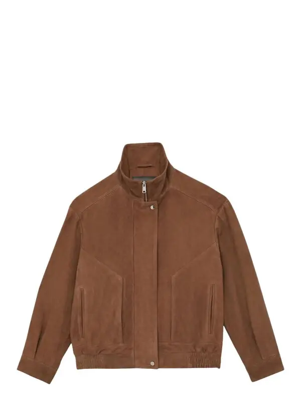 REISS Kiara Suede Funnel-neck Bomber Jacket - Tan