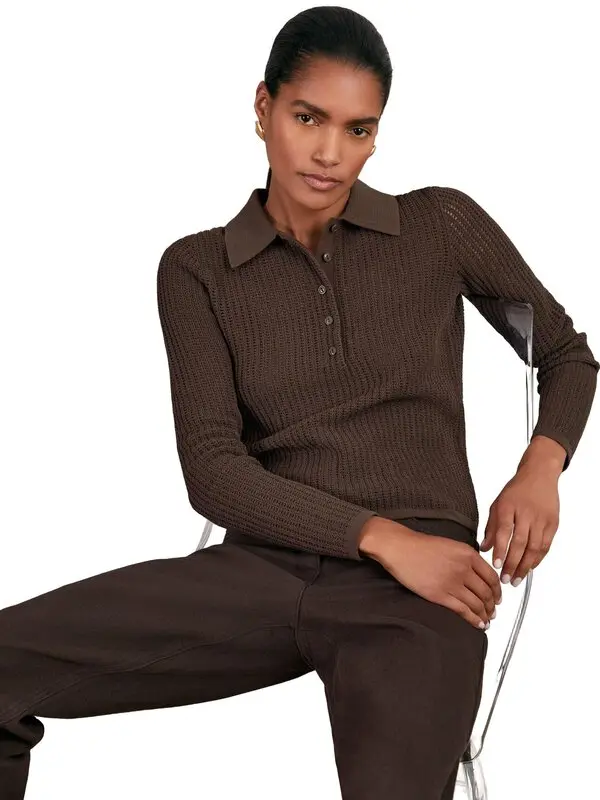 REISS Open-knit Polo Top - Chocolate Brown