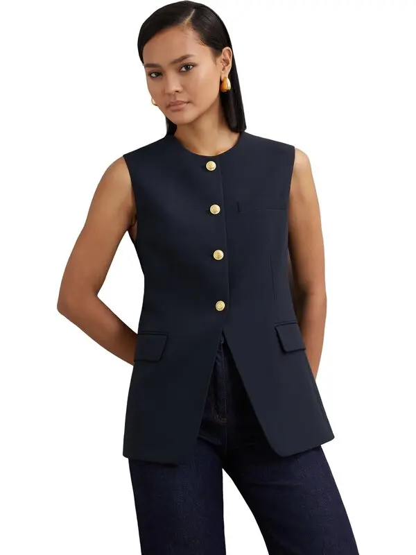 REISS Athena High-neck Longline Waistcoat - Navy
