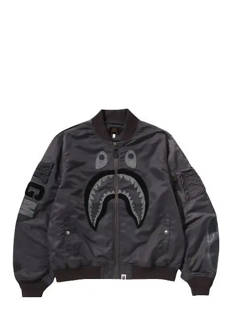 A BATHING APE Tonal Chain Stitch Shark Bomber Jacket - Charcoal