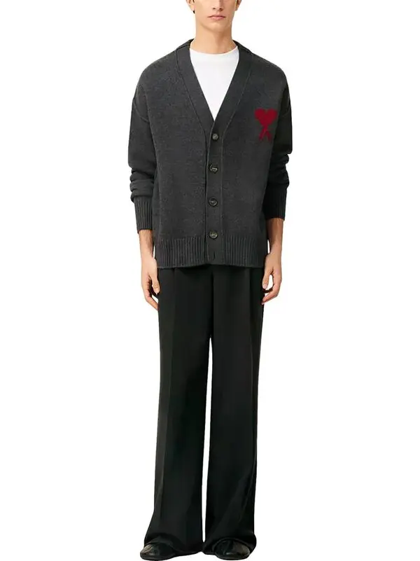 AMI Paris Merino Wool De Coeur Cardigan - Grey