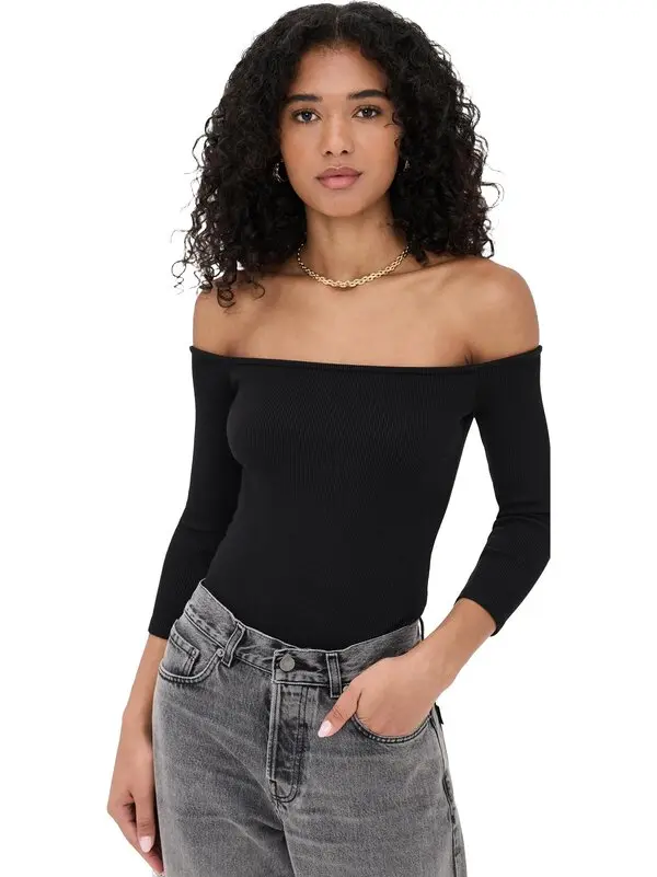 L'Agence Evelyn Off Shoulder Thong Bodysuit - Black