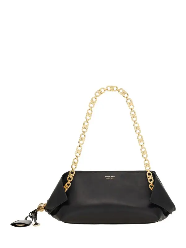 FERRAGAMO Gancini Chain Folded Shoulder Bag - Black