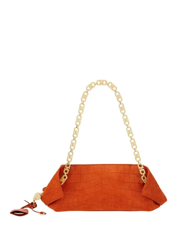 FERRAGAMO Gancini Chain Folded Shoulder Bag - Orange