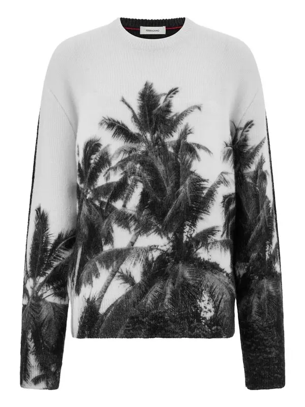 FERRAGAMO Crew Neck Trinidad Print Sweater - White