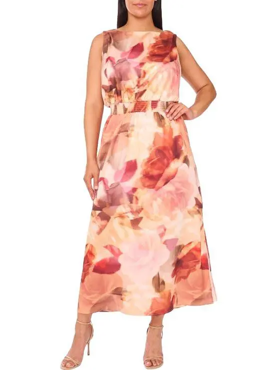 Halogen Blurred Floral Smocked Waist Maxi Dress - Faded Rose