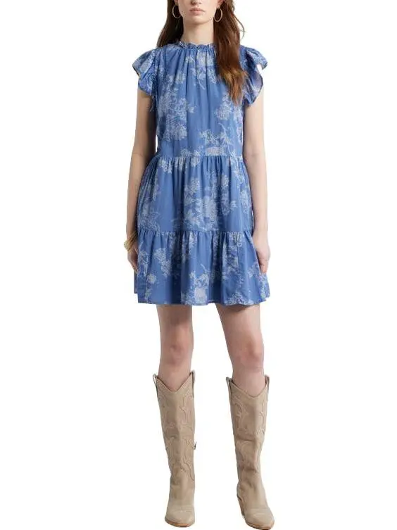 Treasure & Bond Tiered High Neck Shift Minidress - Blue Lace Bloom
