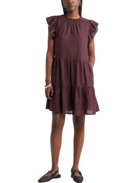 Treasure & Bond Tiered High Neck Shift Minidress - Burgundy Fudge
