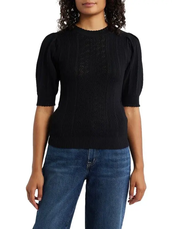 Wit & Wisdom Pointelle Elbow Sleeve Sweater - Black