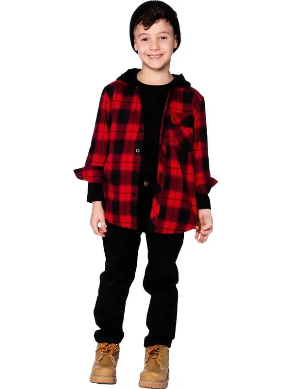DEUX PAR DEUX Plaid Flannel Shirt With Jersey Hood - Red And Black Plaid