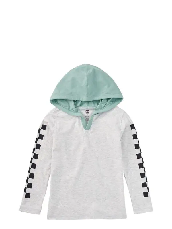 TEA COLLECTION Checker Sleeves Happy Hoodie - Light Grey Heather